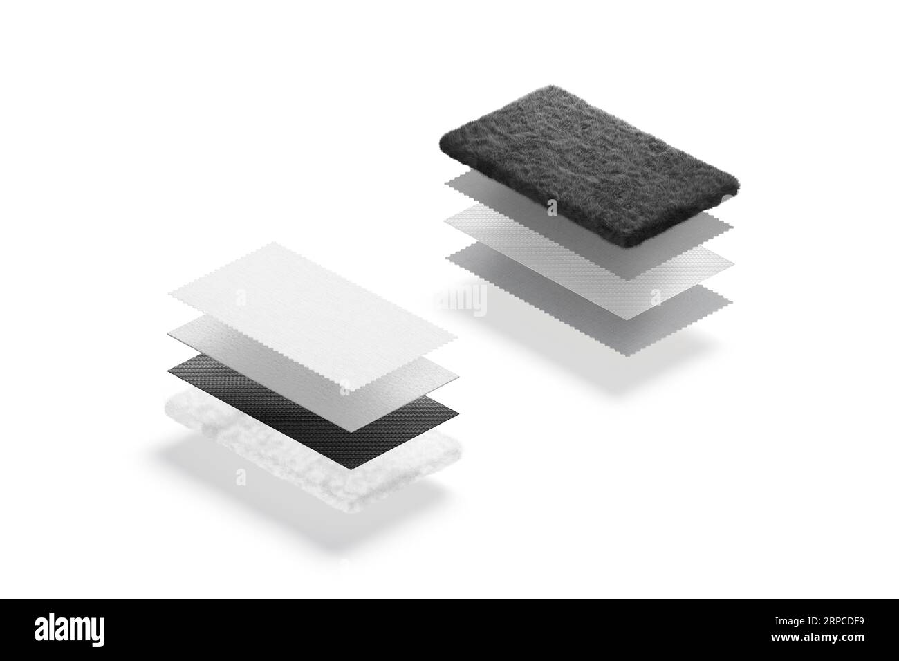 Blank black and white textile and fur material layers mockup, 3d rendering. Empty fabric and ...