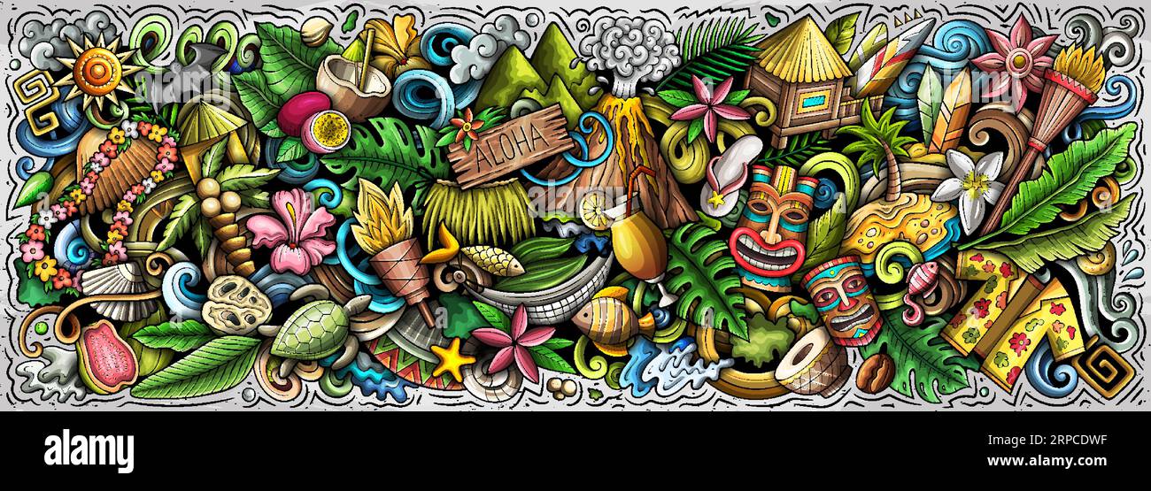 Vector illustration with Hawaii theme doodles. Vibrant and eye-catching ...