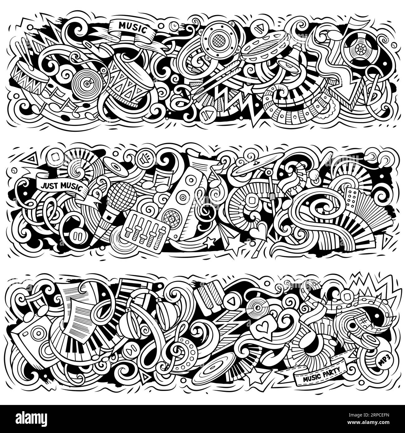 Music cartoon doodles illustration. Musical funny objects and elements ...