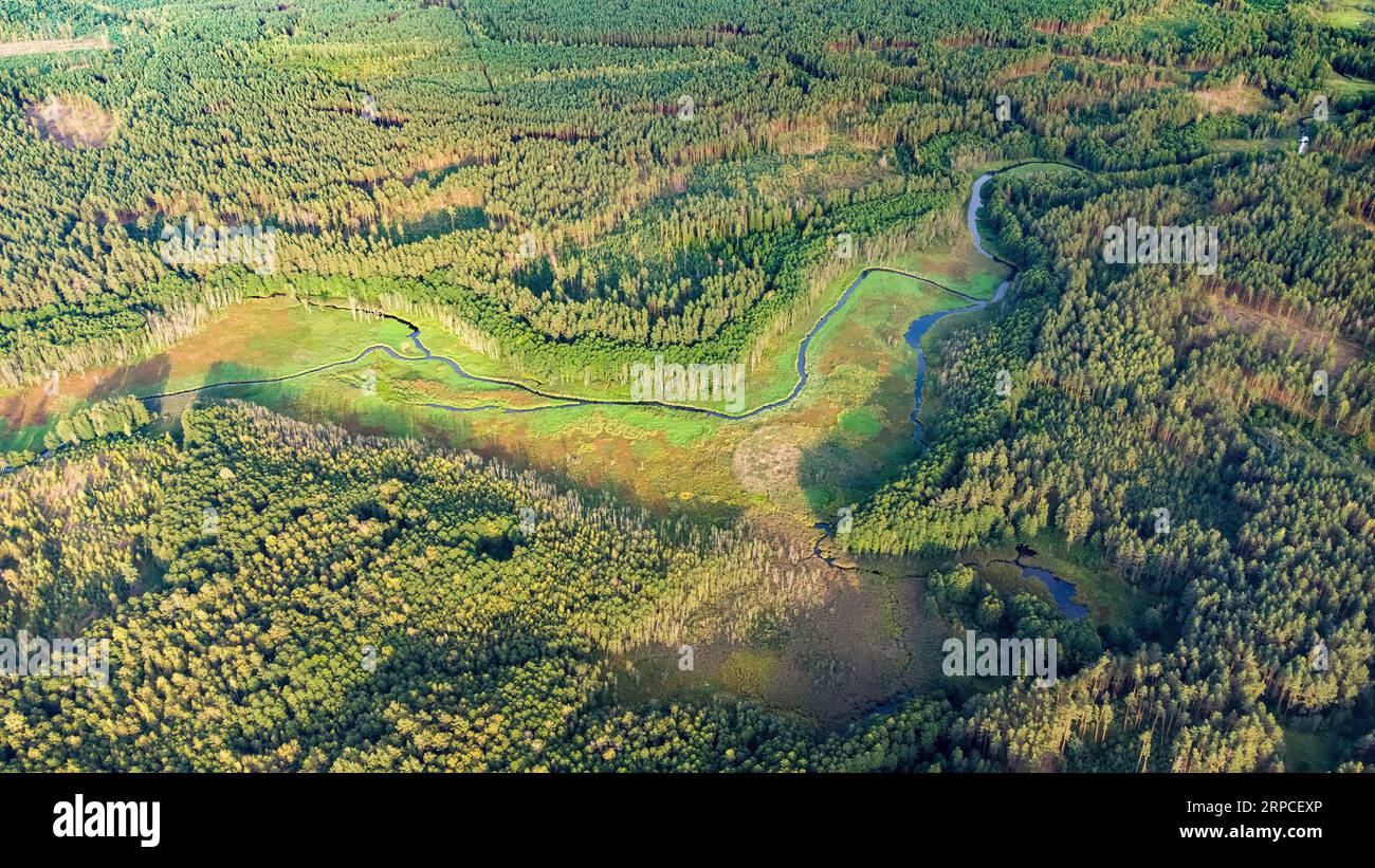 Aerial view of the river in Lithuanian forests, wild nature. Name of ...