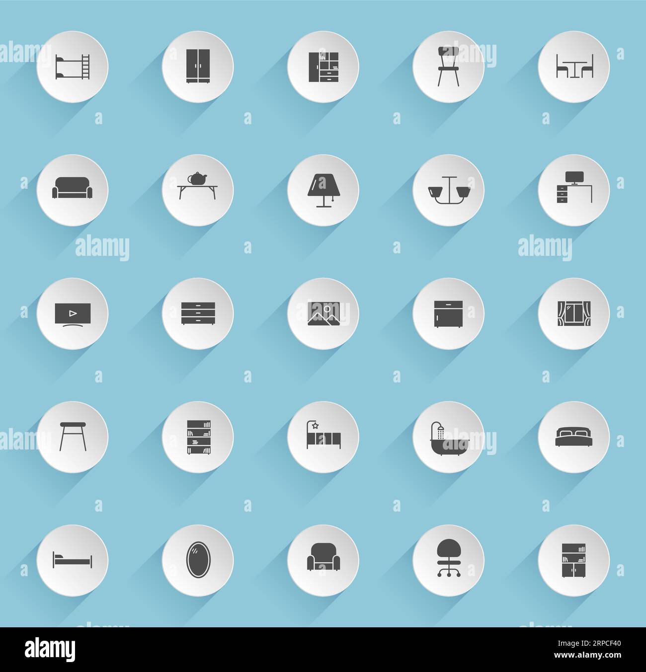 furniture vector icons on round puffy paper circles with transparent ...