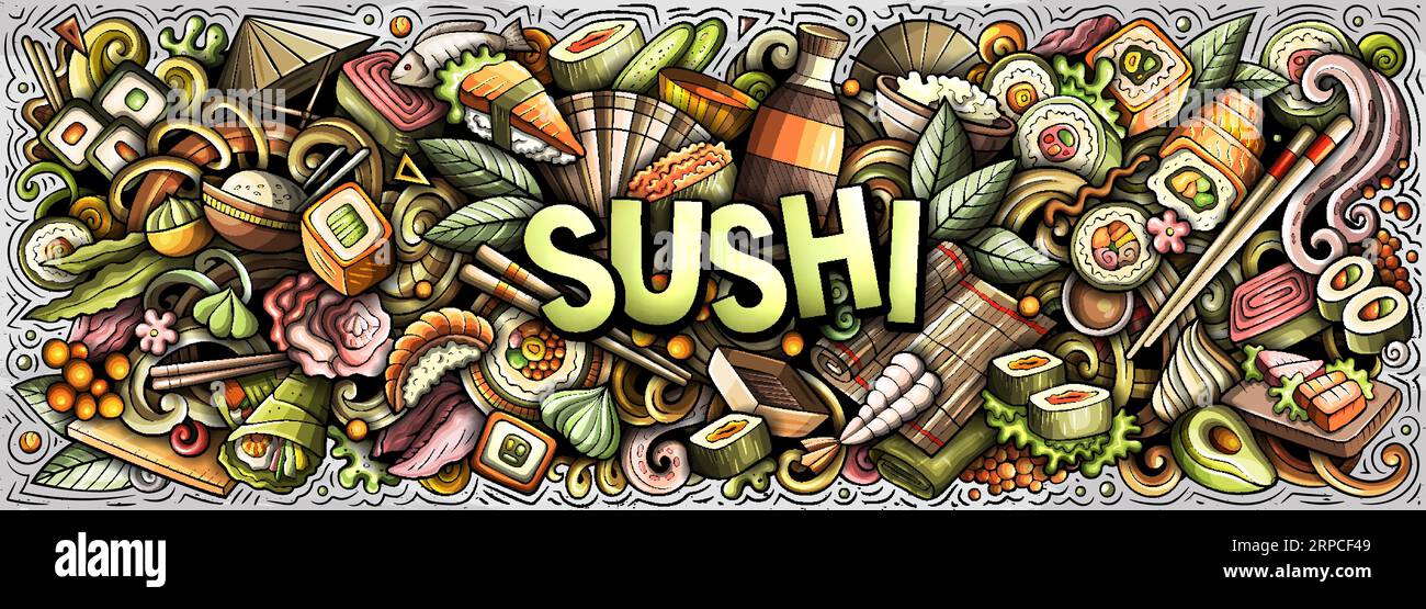 Cartoon vector Sushi doodle illustration features a variety of Japanese ...