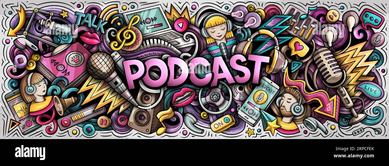 Cartoon vector Podcast doodle illustration features a variety of Audio ...