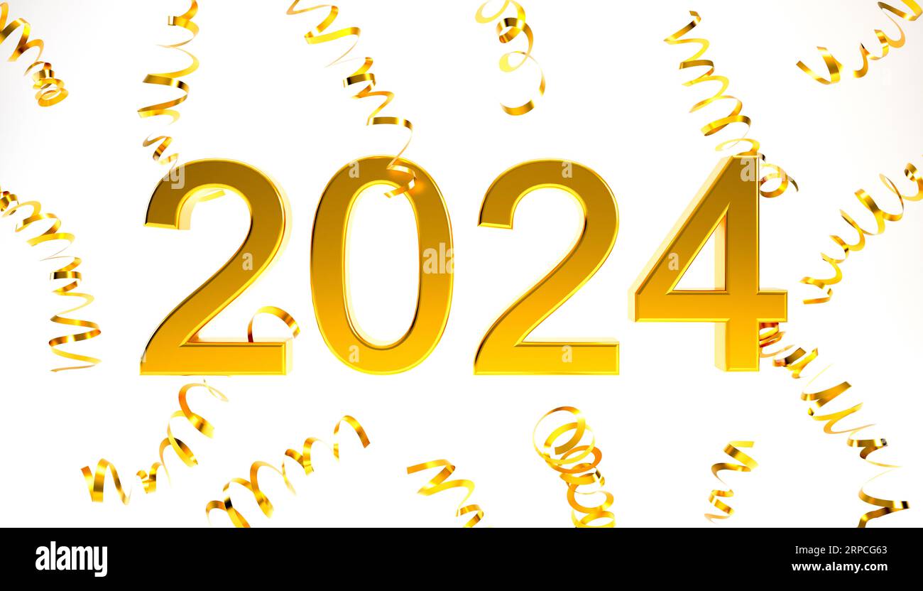Gold 2024 3D text with confetti isolated on white background 3D render ...