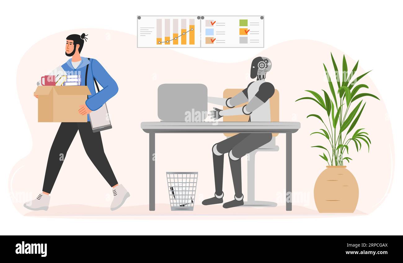 Smart AI robot took workplace, sad fired man hold box. Unemployment ...