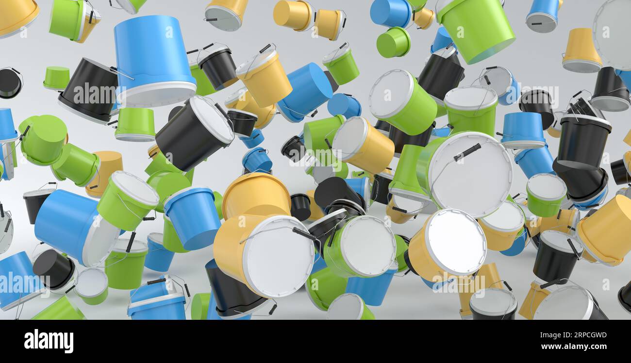 Many of flying plastic cans or buckets on white background. 3d render ...