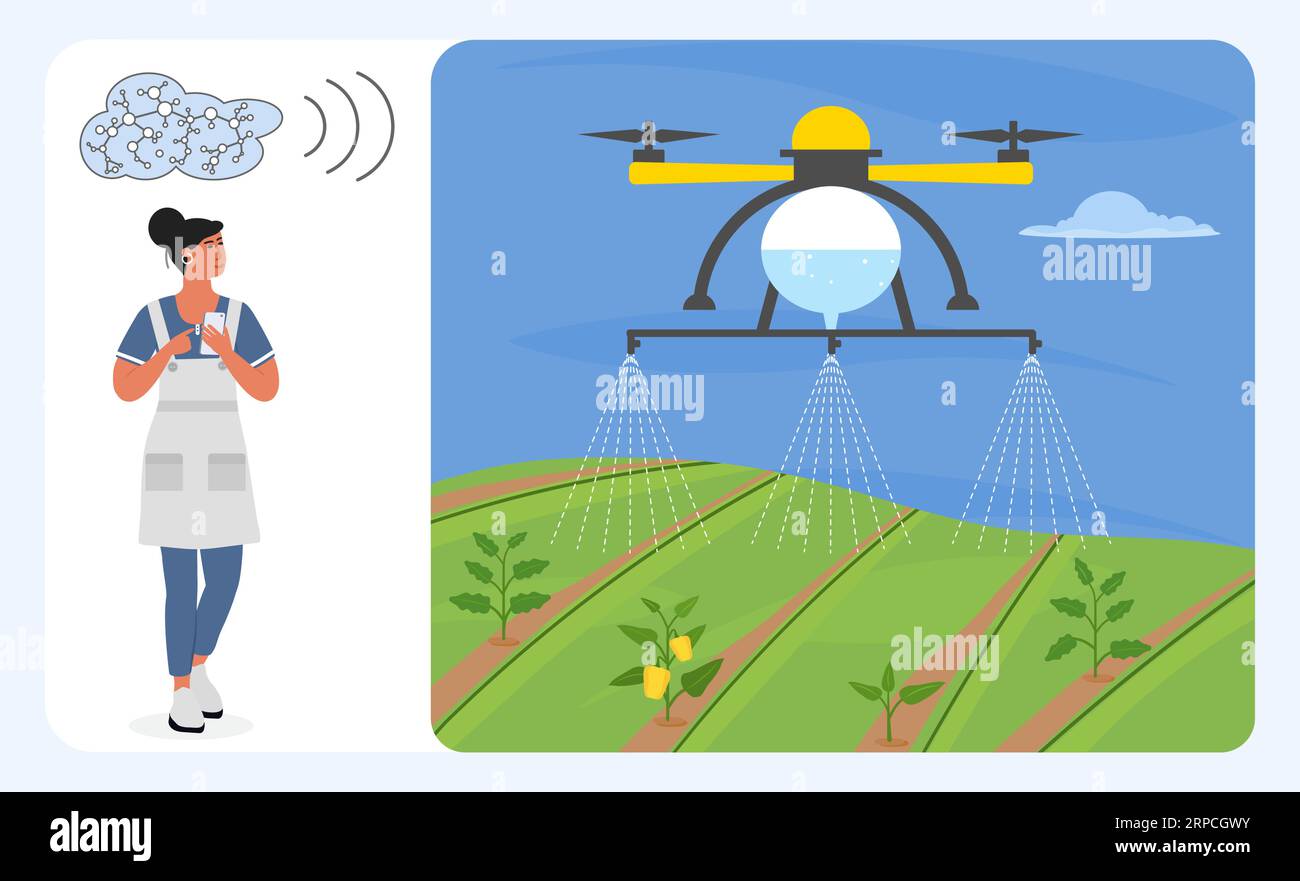 Girl controls agricultural drone fly to spray fertilizer water or ...