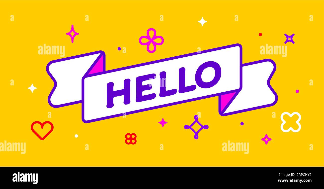 Ribbon and banner Hello. Greeting card with ribbon and word Hello ...