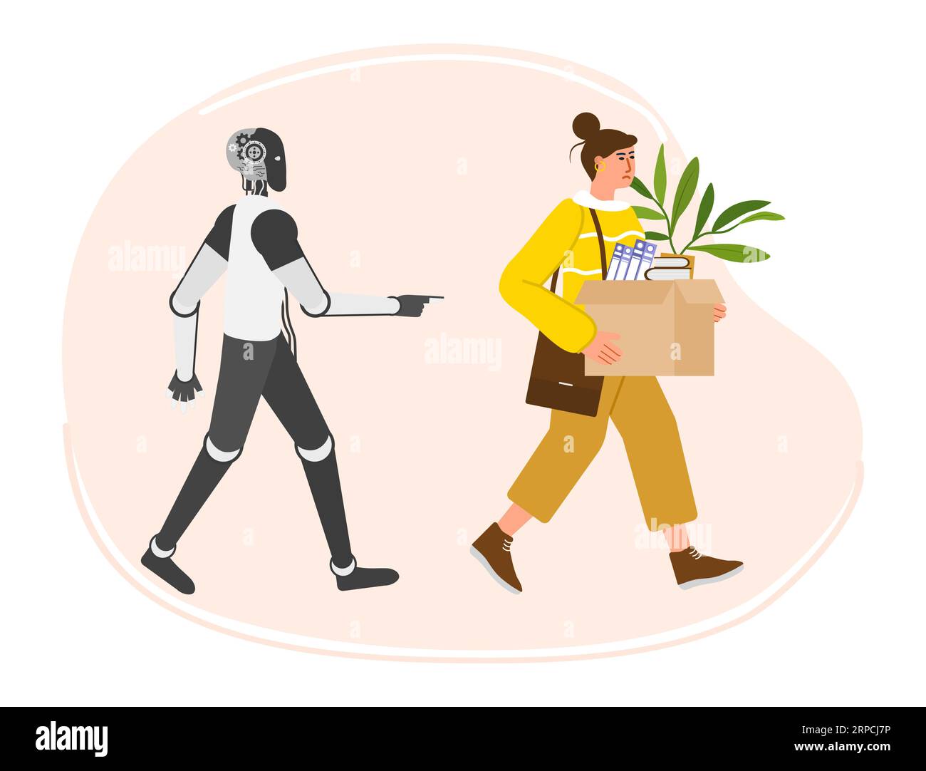 Smart AI robot took workplace, sad fired girl hold box. Unemployment ...