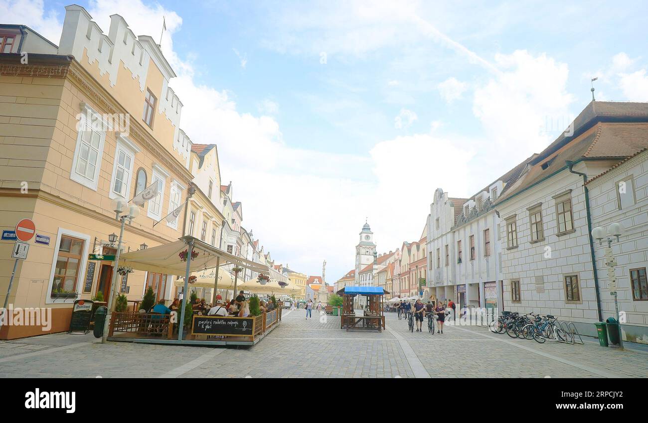Masaryk Square in Trebon is surrounded by houses with Renaissance and ...