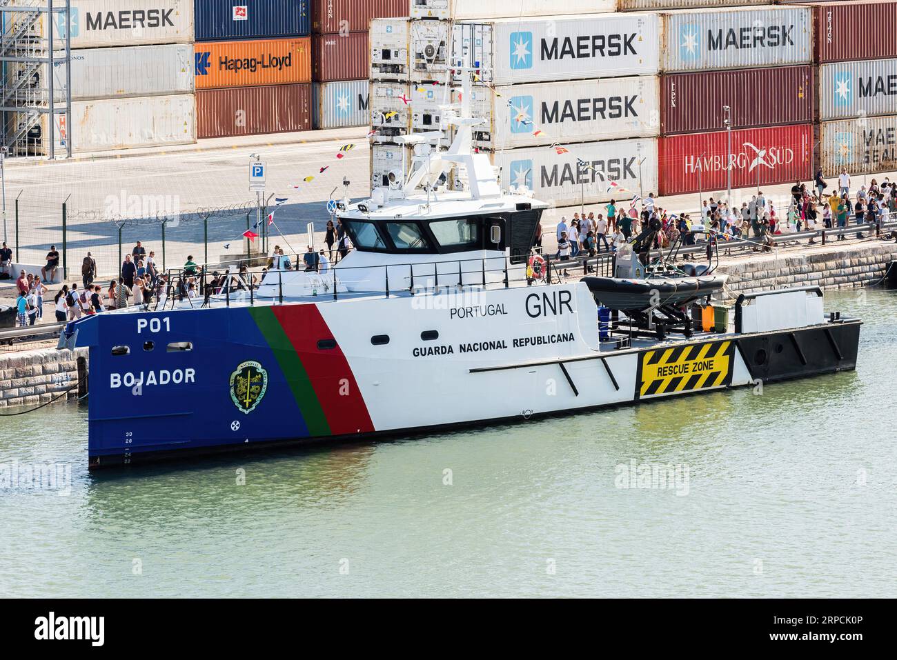 Patrol ship of Portugal Coast Guard (GNR) BOJADOR on dock in Alcantara ...