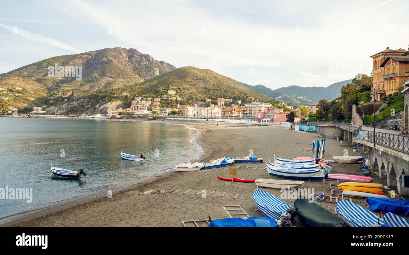 Panorama of beach in Levanto town, Italy Stock Photo - Alamy