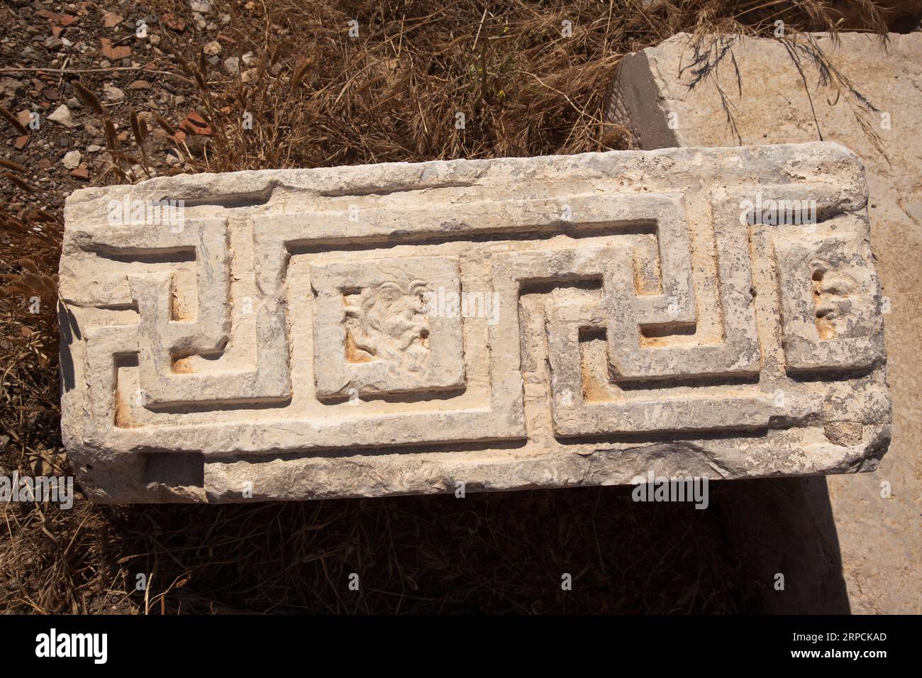 Border marble with swastika symbol in the ancient city of Knidos, one ...