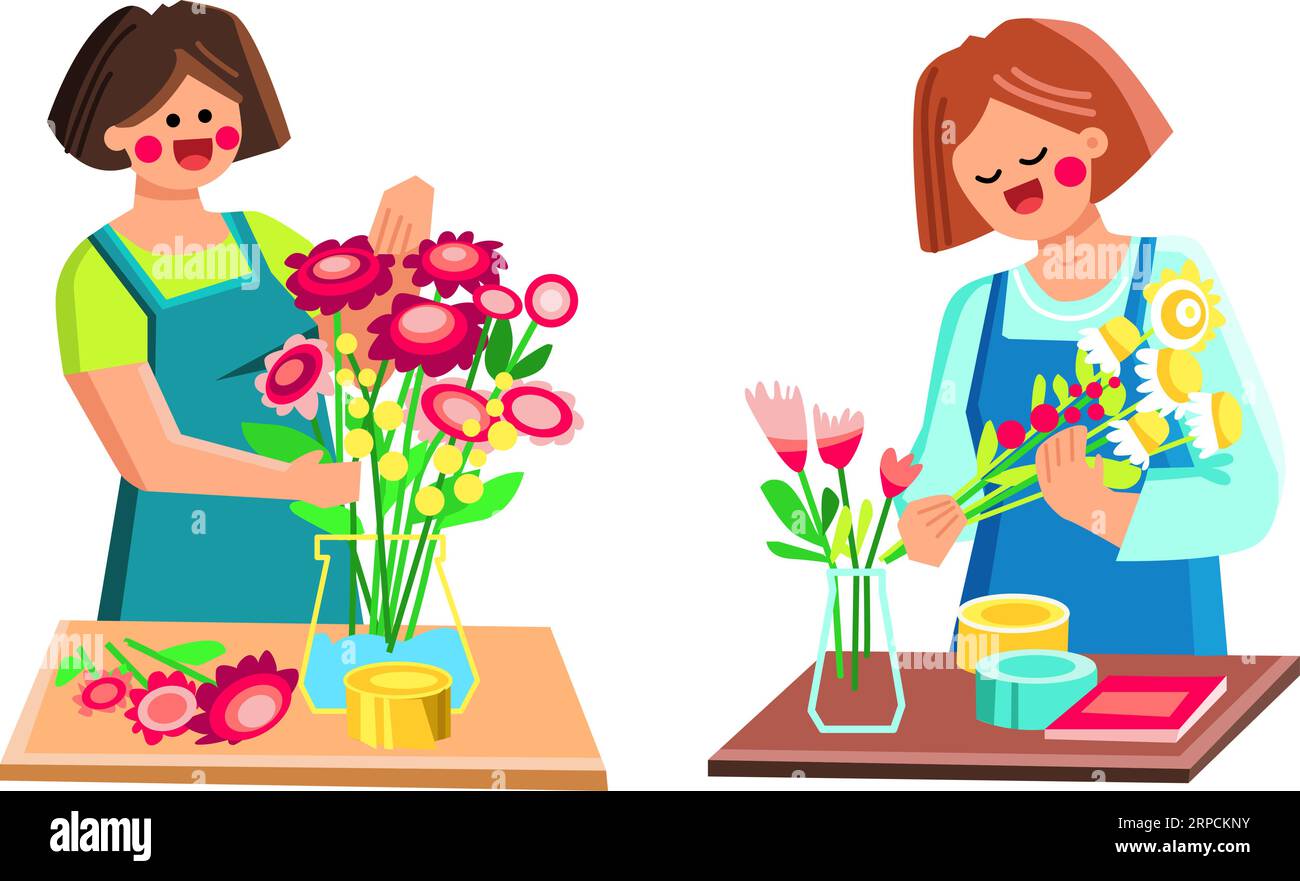 Work florist creating flower bouquet Stock Vector Images - Alamy