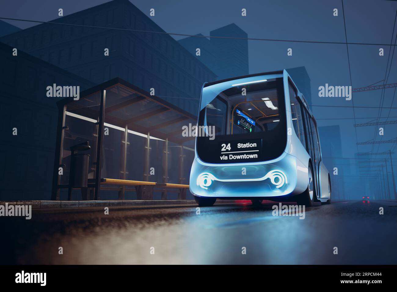 An autonomous electric smart bus in the city. Moder minibus stops at a ...