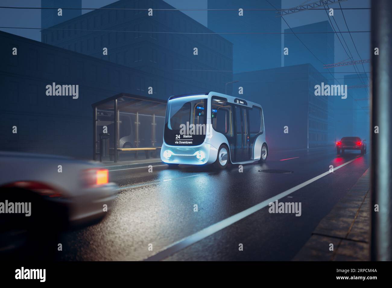 An autonomous electric smart bus in the city. Moder minibus stops at a ...