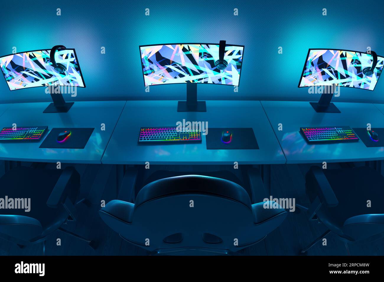 Set of Modern Gaming PC Stations for E-Sport Tournament and Multiplayer ...