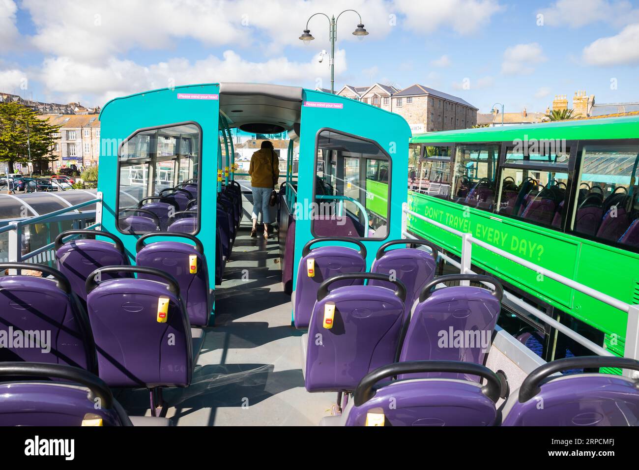 Top deck of an open top double decker bus in Penzance, Cornwall,UK ...