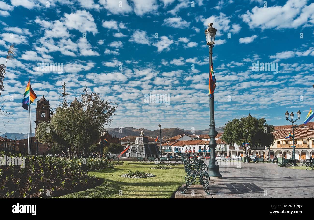 Cusco, Peru - Plaza de Armas, colonial spanish architecture in Andes ...