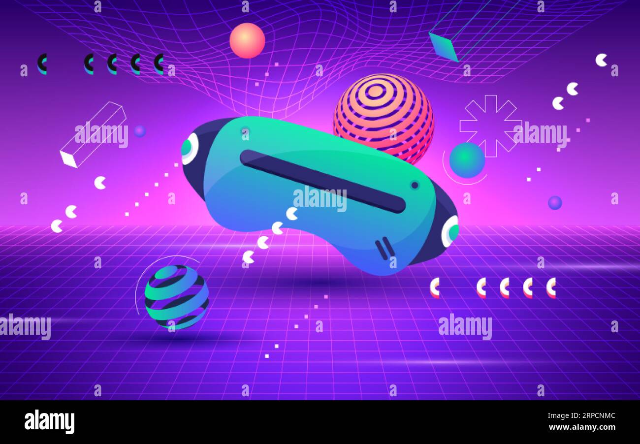 Metaverse concept. VR glasses for gaming with objects floating around ...