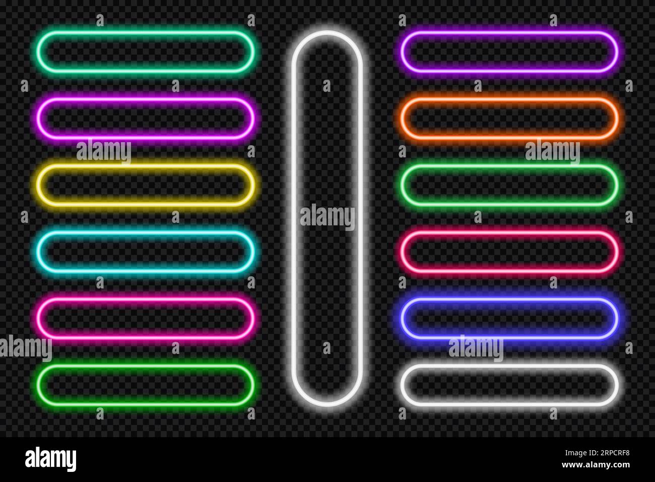 Neon button frames pill set. Glowing coloful rounded rectangle border ...