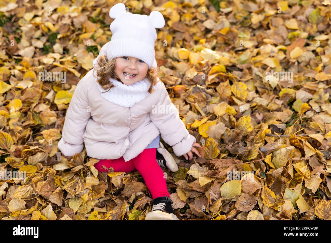 A cute pretty girl is running in the park in the middle of autumn ...