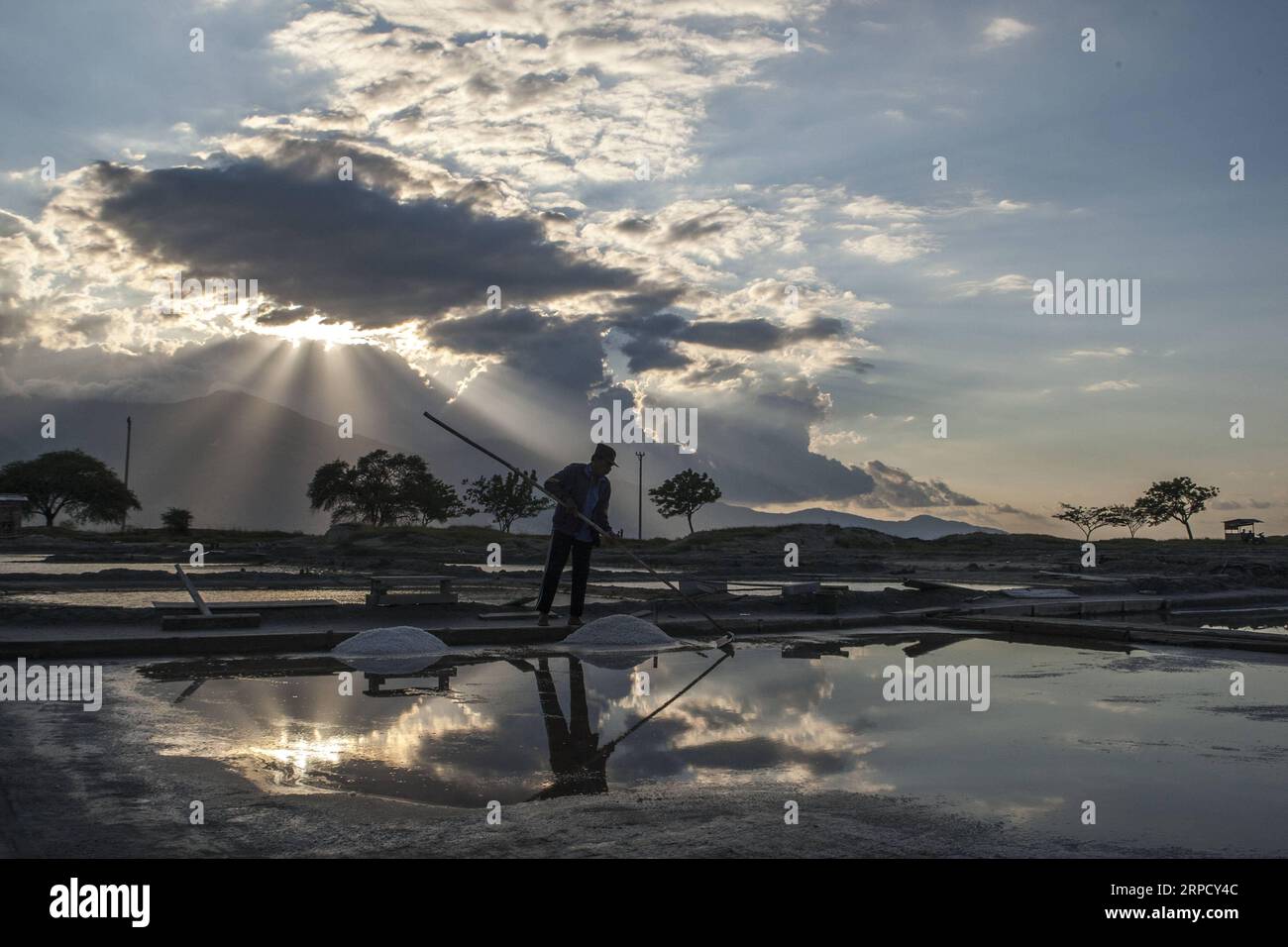 (190716) -- BEIJING, July 16, 2019 -- A farmer harvests salt in the ...