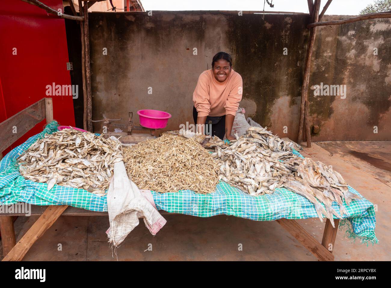 Mandoto, Madagascar - November 9. 2022 - Malagasy woman sells dried ...