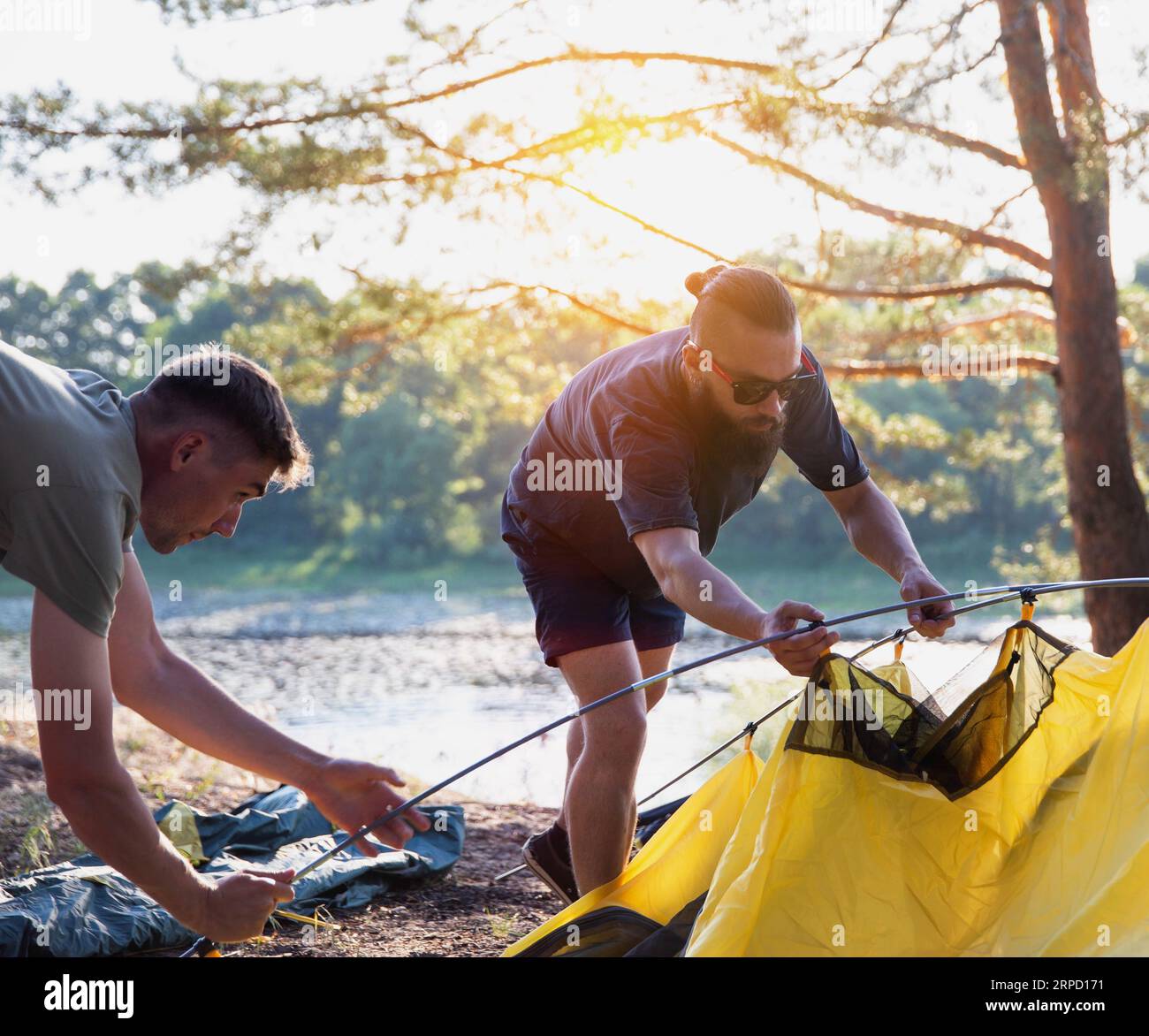 Two guys set up a tent in nature in summer. Tourism as a hobby Stock ...