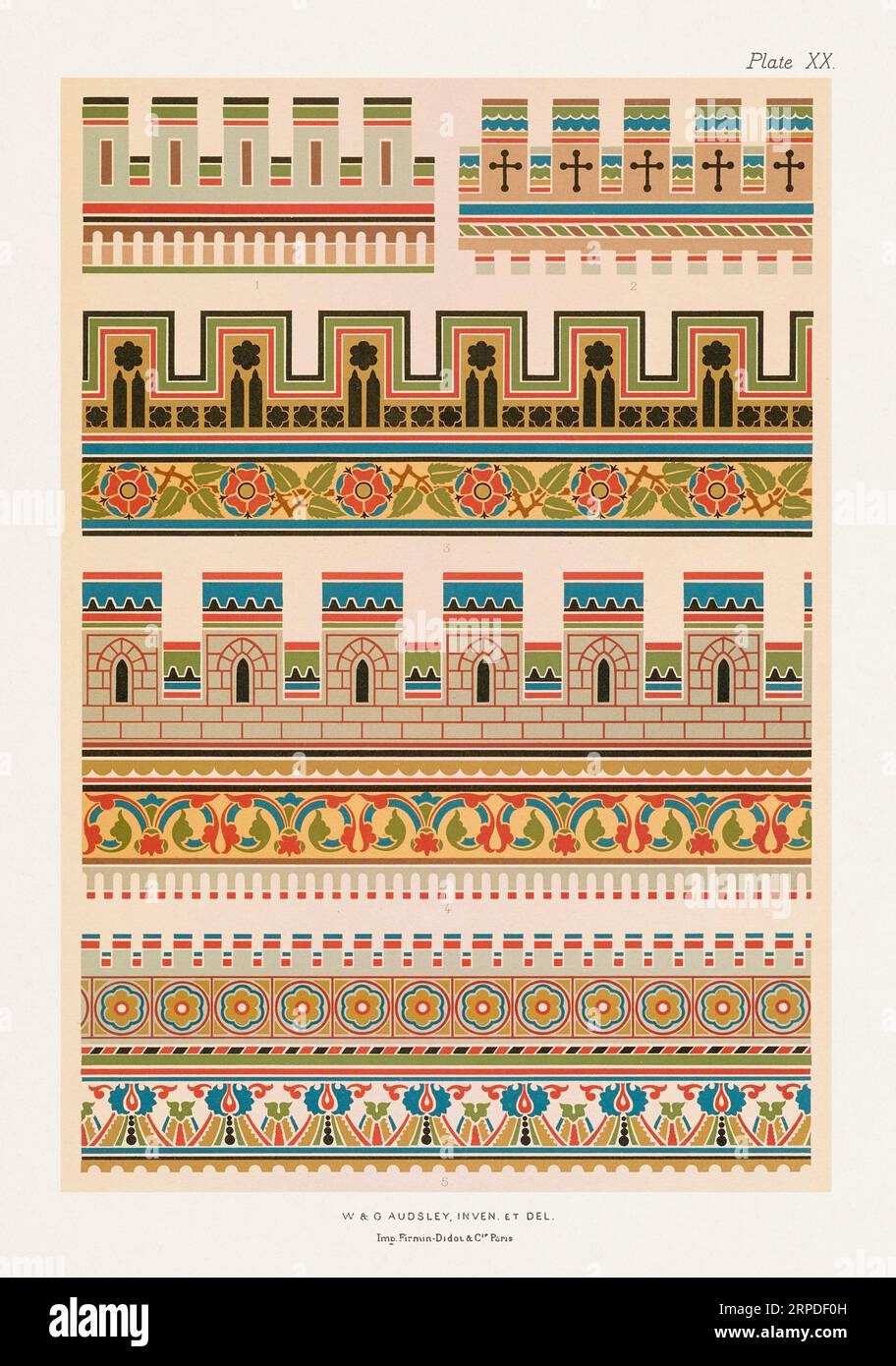 Medieval designs. Bands with battlemented crestings in rich colors ...