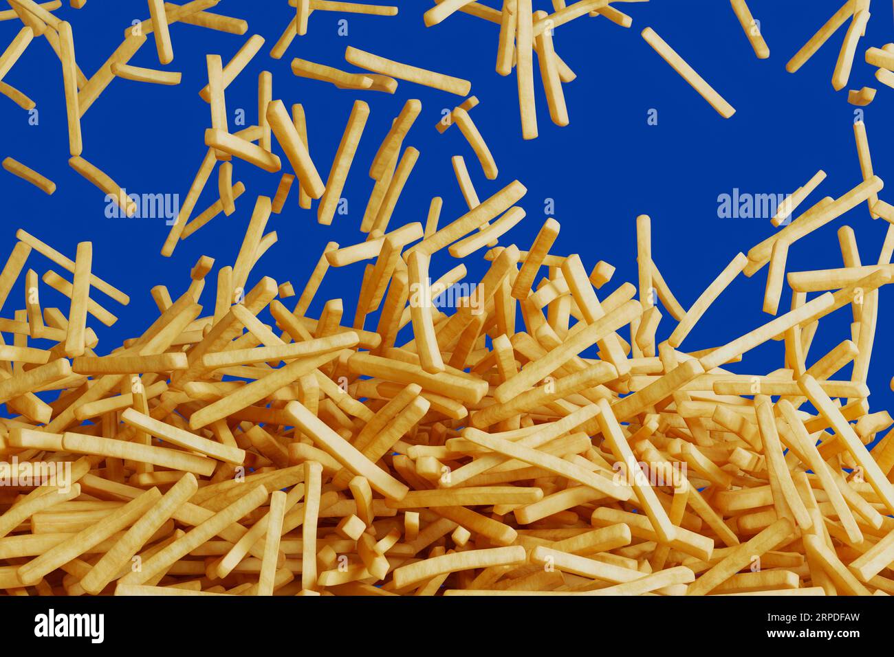 French fries falling down and forming a pile. Fast food. Chips. Blue ...