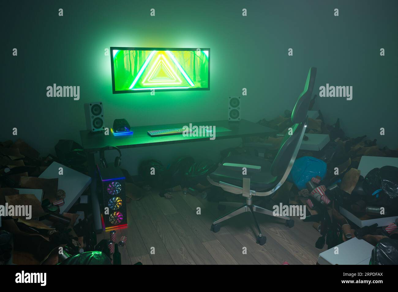 Depressing image with a messy gaming room. Cluttered gamer's room ...