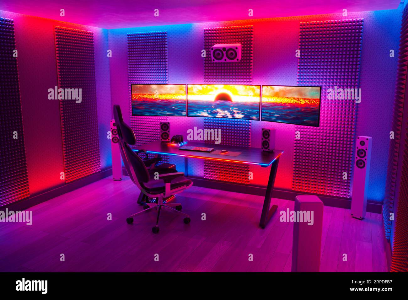 Vivid colorful image with a gaming room. Powerful computer set for ...