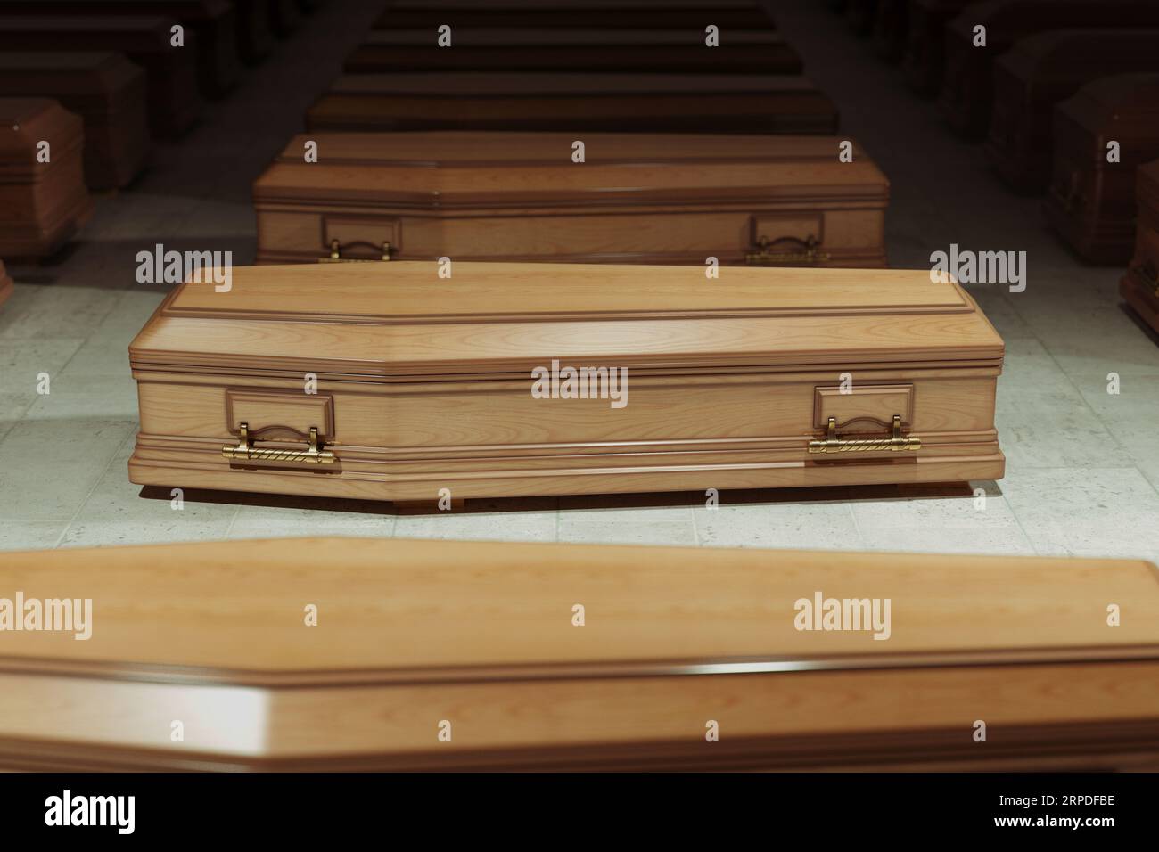 Mysterious warehouse with rows of wooden coffins. Closed casket. Burial ...