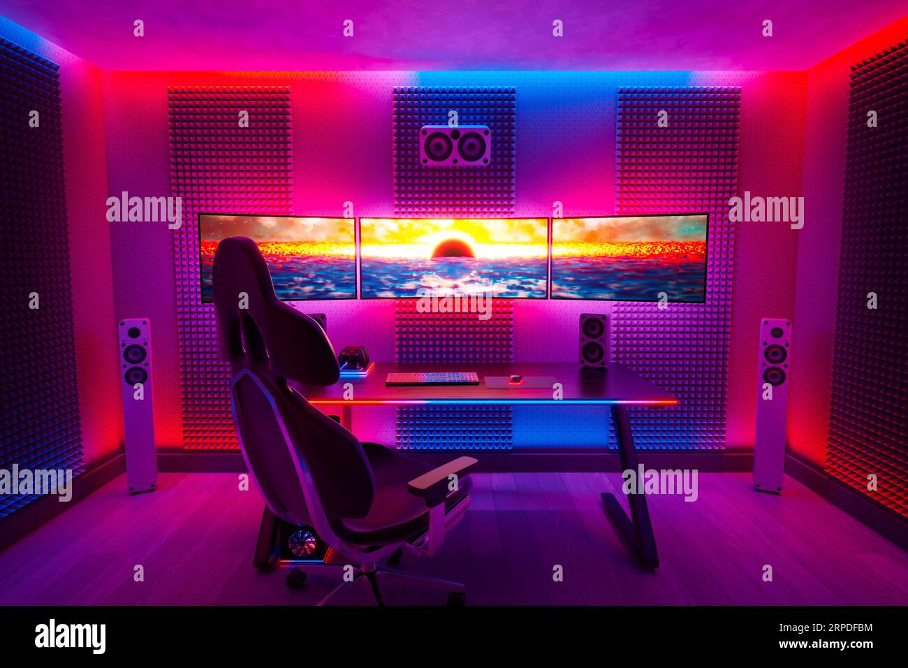 Vivid colorful image with a gaming room. Powerful computer set for ...