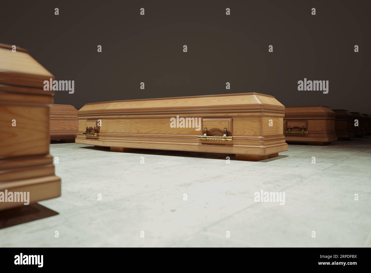 Mysterious warehouse with rows of wooden coffins. Closed casket. Burial ...