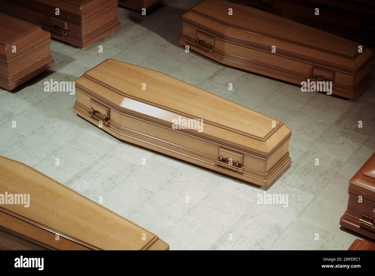 Mysterious warehouse with rows of wooden coffins. Closed casket. Burial ...