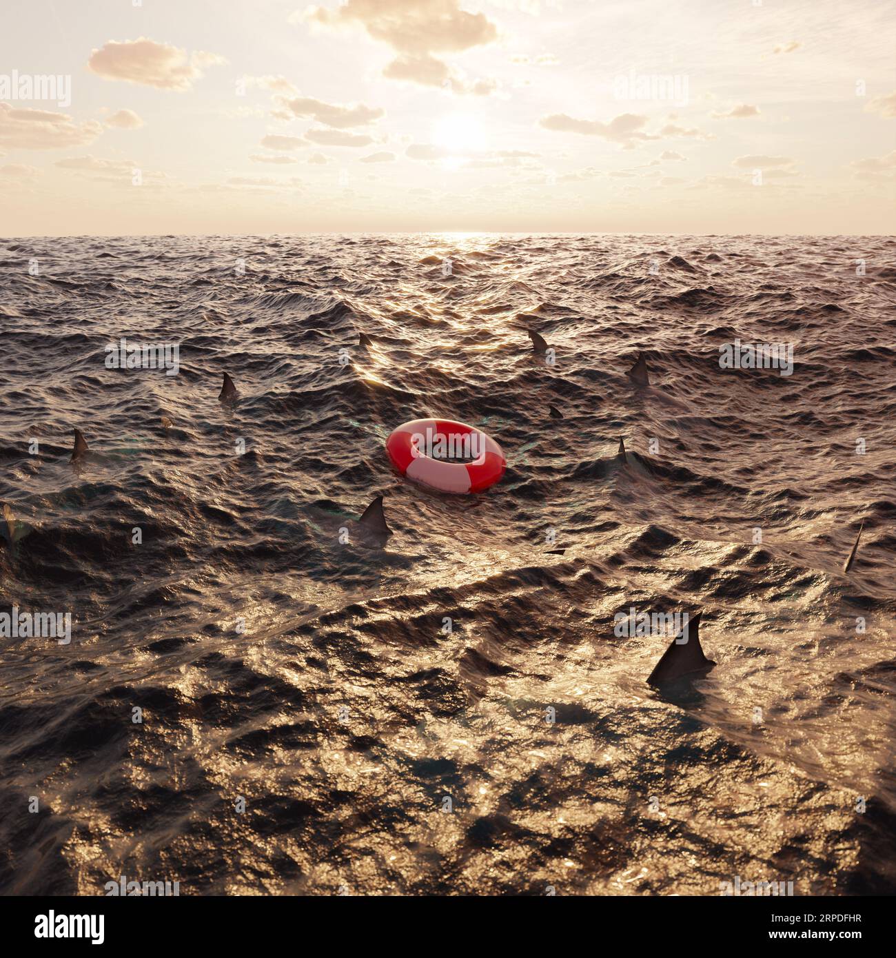 The Magnificent Sight of many shark fins surrounding a lifebuoy on an ...