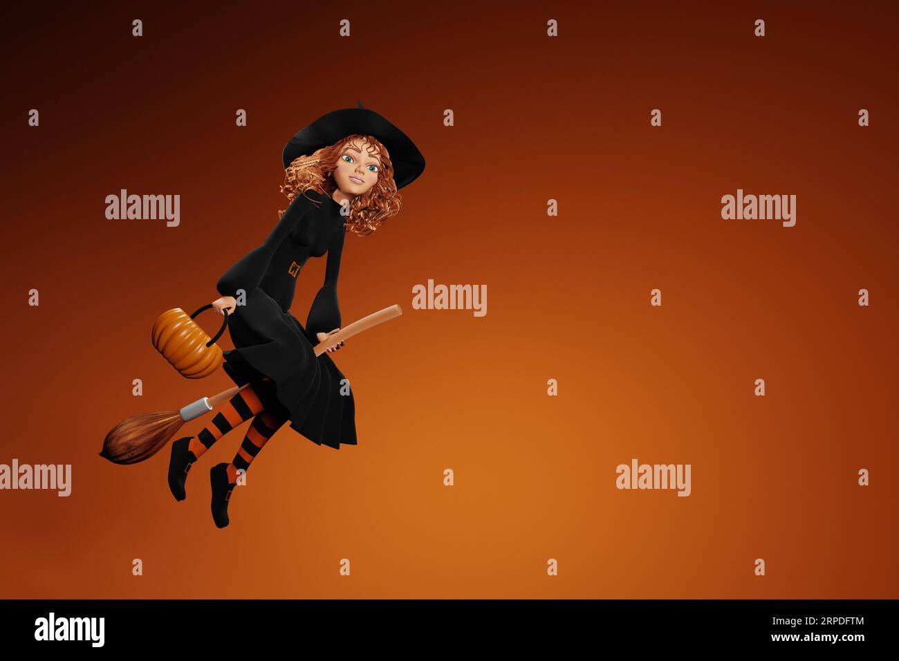 Cartoon Halloween witch flying on broom on yellow background. 3d render ...