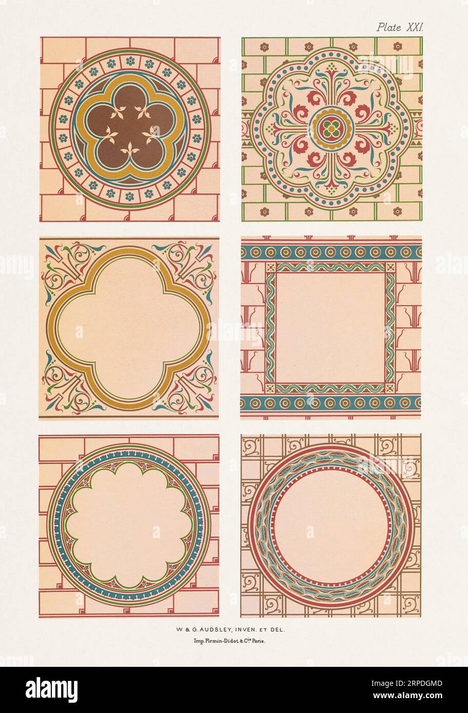 Medieval ornamental medallions in gold and rich colors on light grounds ...