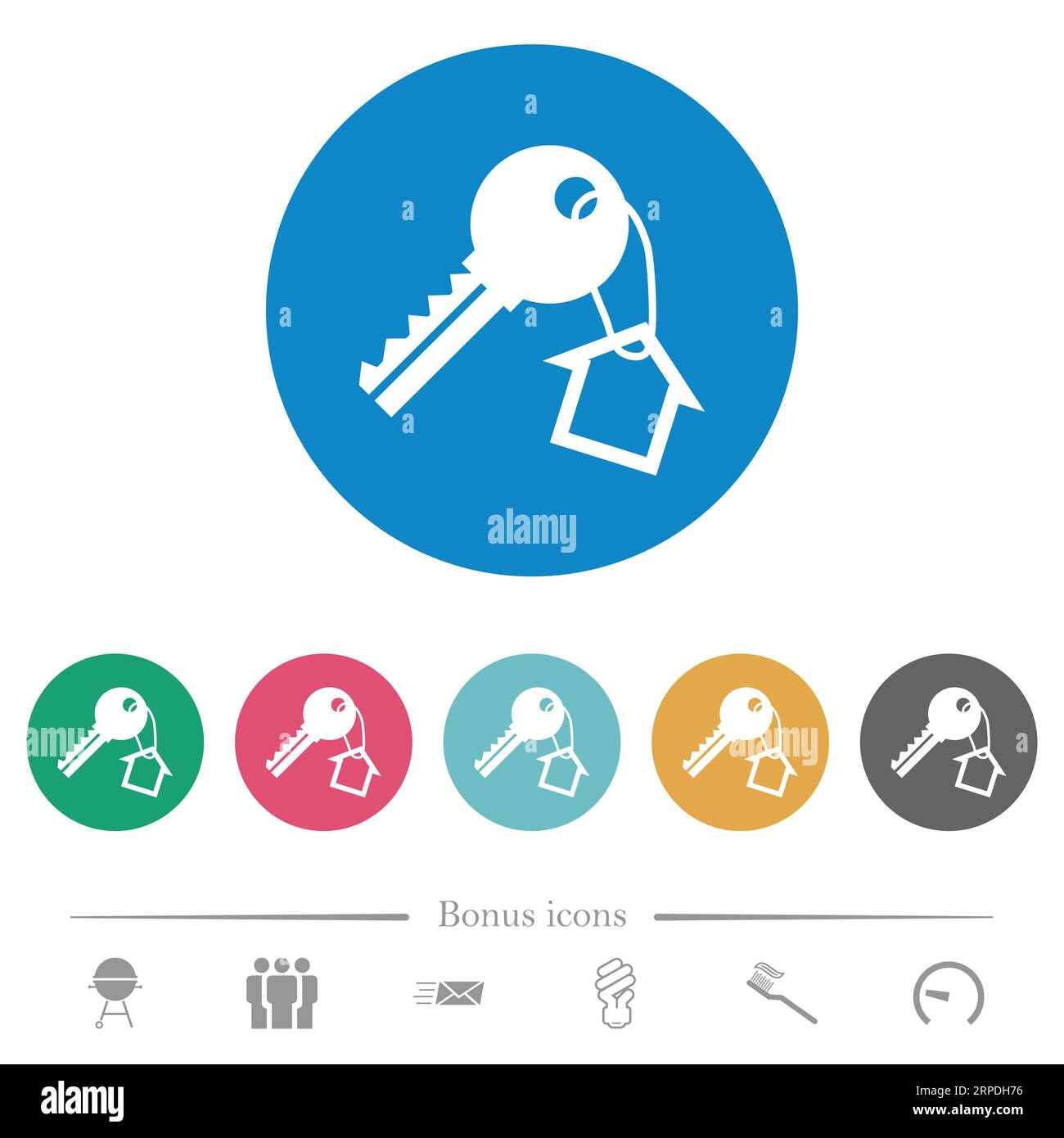 Key and small house on the key ring flat white icons on round color ...