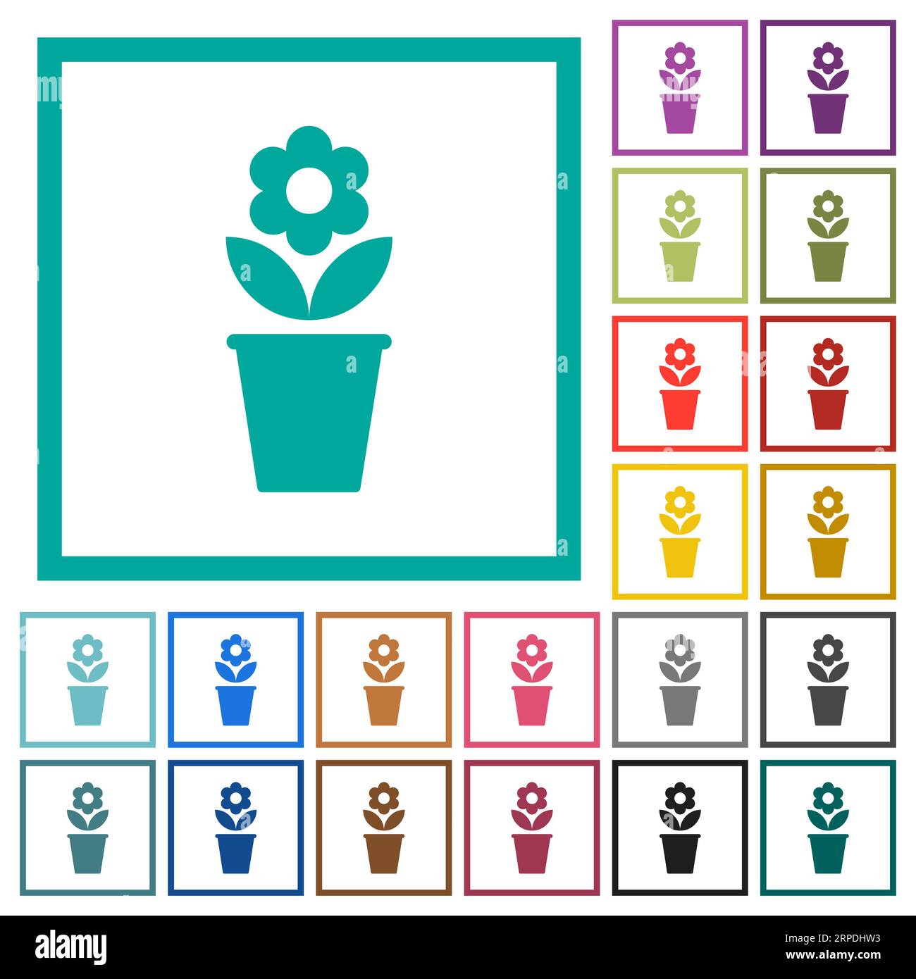 flowerpot with flower and leaves solid flat color icons with quadrant frames on white background ...