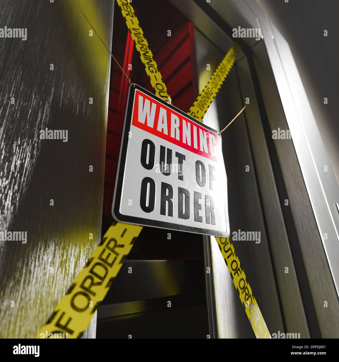 Out of order warning sign in front of a broken aluminum elevator door ...
