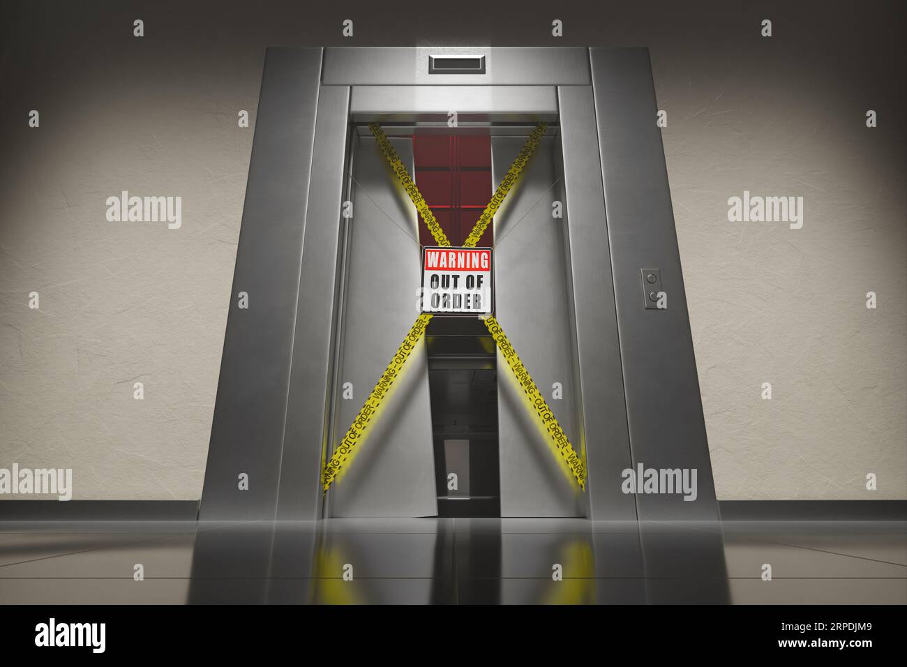 Out of order warning sign in front of a broken elevator door opened ...
