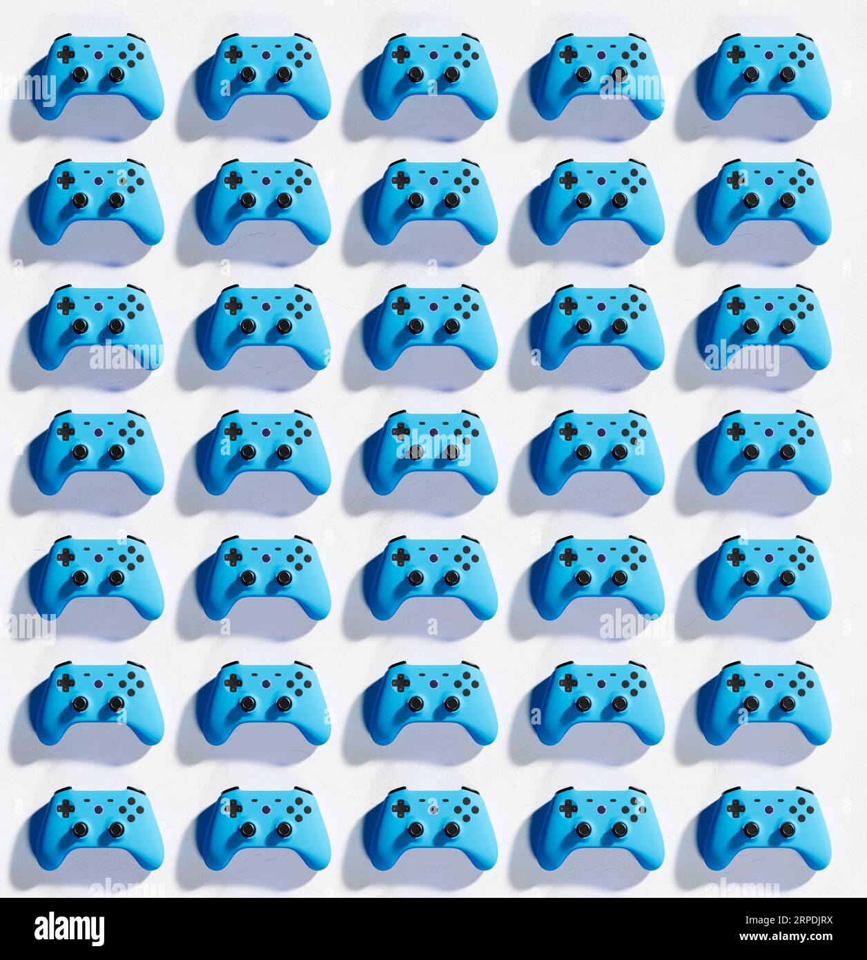 Numerous blue game controllers arranged in a grid pattern on a white ...