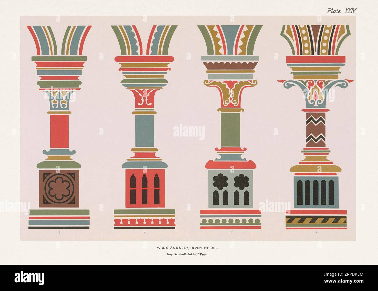 Medieval ornaments. Colorful pillars, arch mouldings and strings Stock ...