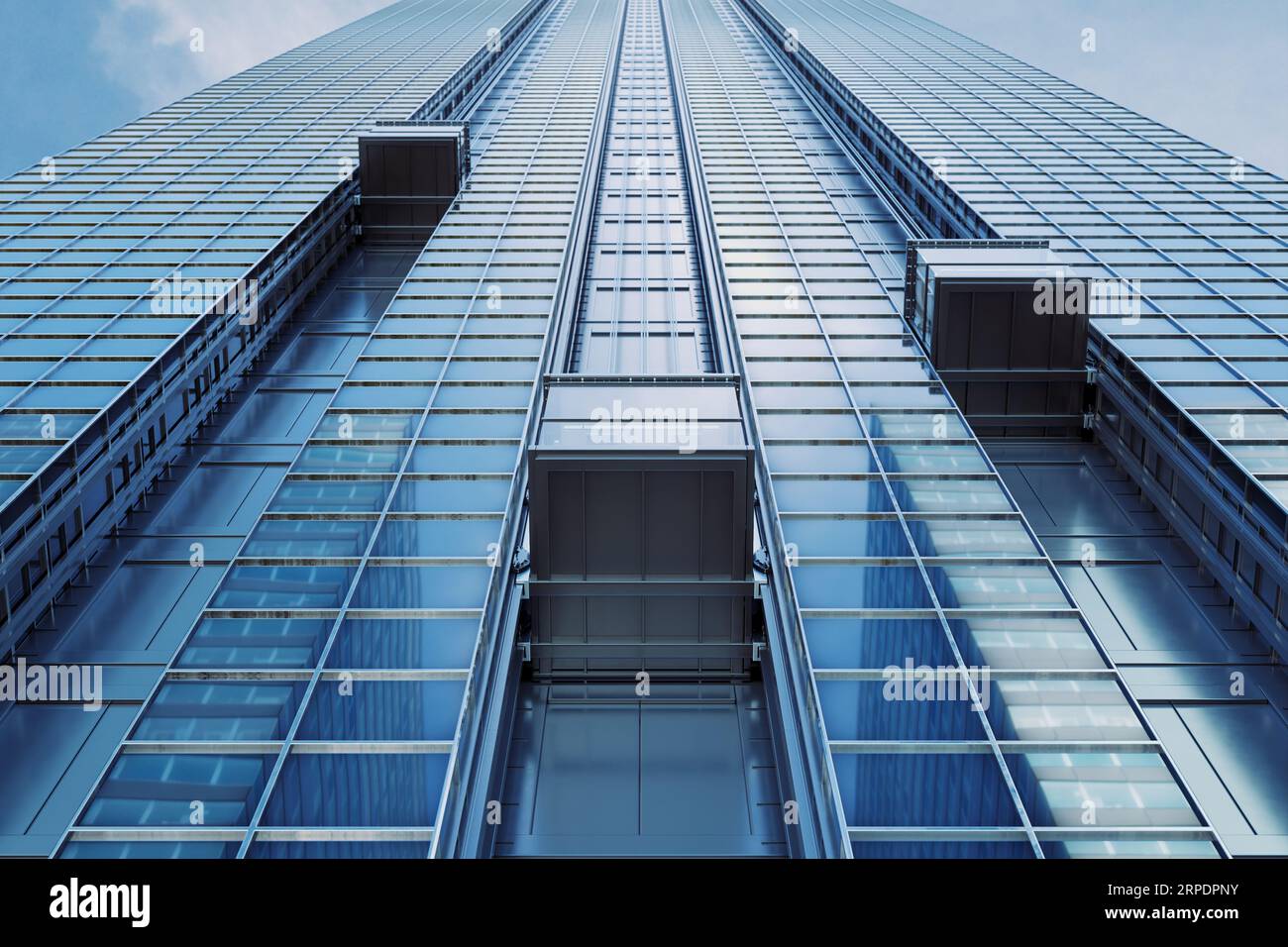 Three external elevators going up along a skyscraper. Reflective glass ...