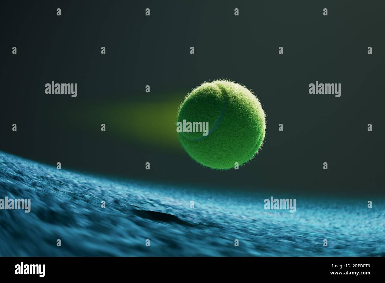 A tennis ball flying through the air at high speed, leaving a trail ...