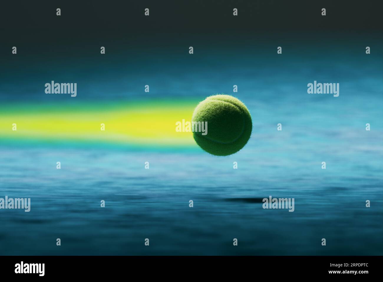 A tennis ball flying through the air at high speed, leaving a trail ...