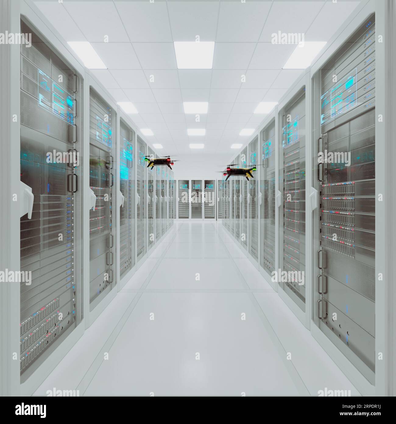 Loopable animation with working drone scanning servers in a dark hall ...